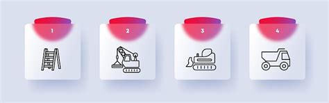 구성 세트 아이콘입니다 수리 용품 장비 번호 매기기 사다리 중장비 크레인 호이스트 Kamaz 운송 차량 트랙 건설 장비 개념입니다 Glassmorphism 스타일 개념에