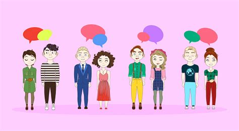 젊은 남자와 채팅 거품 소셜 미디어 커뮤니케이션 개념와 캐주얼 옷에서 여자의 그룹 개성 개념에 대한 스톡 벡터 아트 및 기타 이미지 개성 개념 군중 그래프 Istock