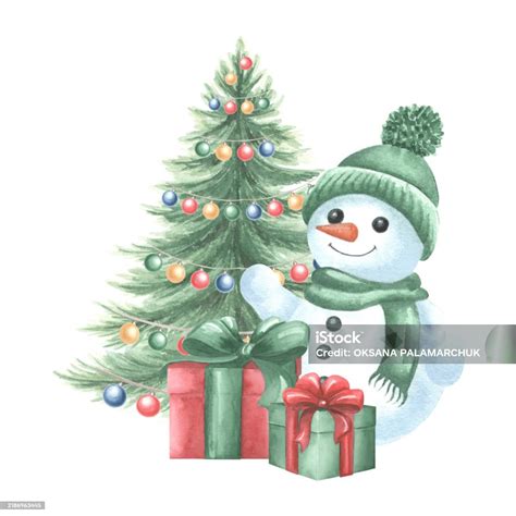선물 상자와 크리스마스 트리가 있는 눈사람 겨울 휴가 디자인에 대 한 귀여운 아이들 쾌활한 캐릭터 손으로 그린 수채화 그림이 분리되어 있습니다 클립 아트 새해 어린이 인쇄