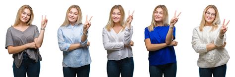 흰색 절연된 Backgroud 승리 표시를 하 고 카메라에 윙크 하는 행복 한 얼굴로 미소를 통해 젊은 아름 다운 여자 콜라주 번호 2입니다 구도에 대한 스톡 사진 및 기타