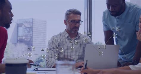 Animation Of Data Processing And Diagrams Over Diverse Colleagues Talking Stock Footage Video