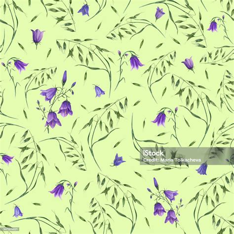 초롱꽃의 수채화 매끄러운 패턴 녹색 배경에 격리된 야생 귀리 엽서 포스터 스크랩북 초대장 배경 인쇄물 벽지 직물 섬유 포장용 0