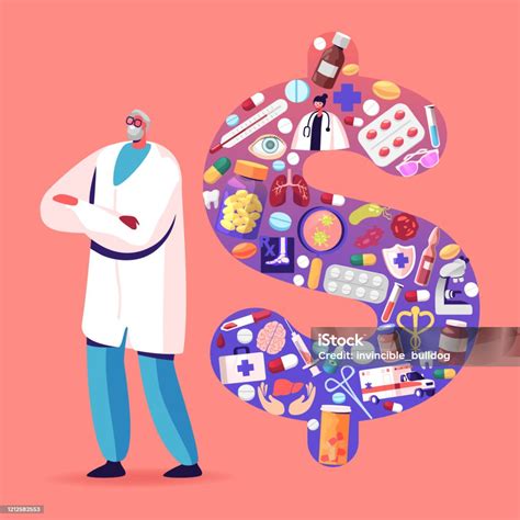 의료 용품 마약 및 품목으로 만든 거대한 달러 기호 근처 교차 팔과 흰색 가운 스탠드를 입고 수석 의사 캐릭터 의약품 가격 및 서비스 비용 개념 만화 벡터 일러스트레이션