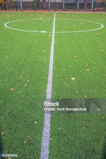 녹색 축구장에 노란 나뭇잎 학교 근처에 인공 녹색 잔디가 있는 축구장 아마추어 축구장 화창한 가을날 0명에 대한 스톡 사진 및 기타 이미지 Istock