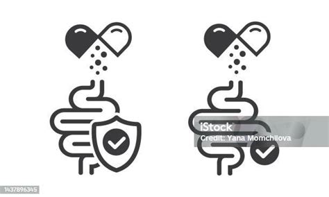 프로바이오틱스 선형 아이콘입니다 프로 바이오 틱 효소가 함유 된 캡슐 프로바이오틱에 대한 스톡 벡터 아트 및 기타 이미지 프로바이오틱 소화기 계통 건강관리와 의술