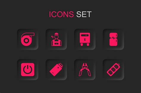 배터리 충전 전기 기사 롤 접착 테이프 펜치 도구 냉장고 확장 미터 및 전원 버튼 아이콘을 설정합니다 벡터 0명에 대한 스톡 벡터 아트 및 기타 이미지 Istock