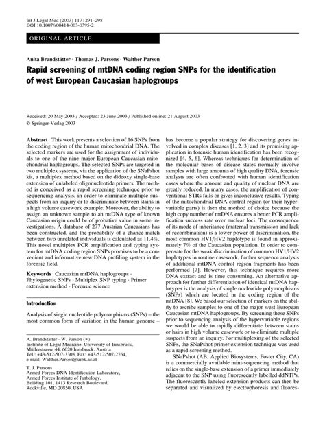 Pdf Rapid Screening Of Mtdna Coding Region Snps For The