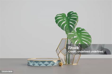 화장품 디스플레이 제품 스탠드 골드 글래스 다이아몬드 실린더 연단 흰색 배경에 녹색 잎이 있는 다이아몬드 유리 화병 3d 렌더링 그림 0명에 대한 스톡 사진 및 기타 이미지