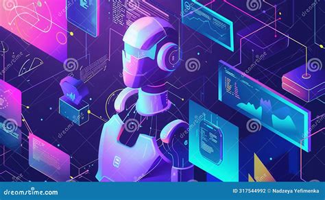 Futuristic Robot Interacting With Digital Interfaces Cyber Technology Illustration Stock
