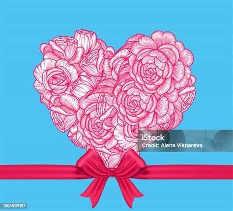 빨간 활과 꽃 하트입니다 아름다운 분홍색 꽃을 그립니다 발렌타인 데이와 사랑의 상징 식물 벡터 그림입니다 홀리데이 카드 0명에 대한 스톡 벡터 아트 및 기타 이미지 Istock