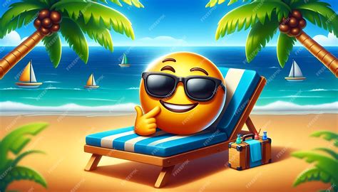 Winking Emoji With Sunglasses Relaxing On Beach Chair Premium Ai Generated Image