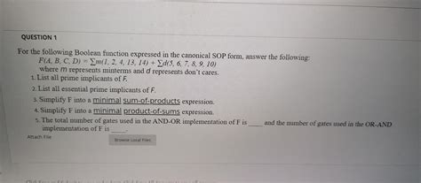 Solved Question 1 For The Following Boolean Function