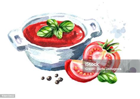 자연 토마토 수프입니다 흰색 배경에 고립 수채화 손으로 그린 그림 가스파초에 대한 스톡 벡터 아트 및 기타 이미지 가스파초 보울 일러스트레이션 Istock