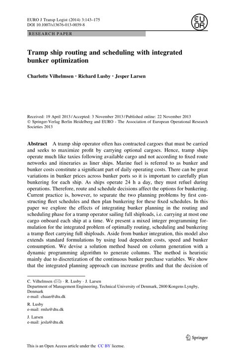 Pdf Tramp Ship Routing And Scheduling With Integrated Bunker Optimization