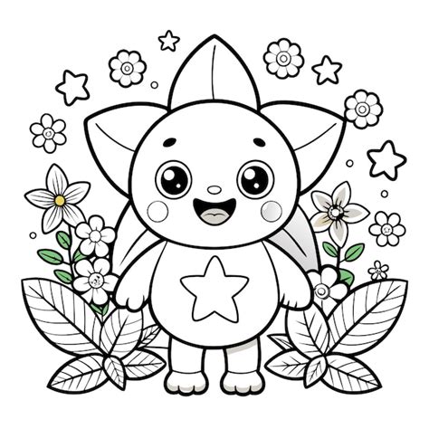 꽃과 별으로 둘러싸인 귀여운 만화 캐릭터 프리미엄 Ai 생성 벡터