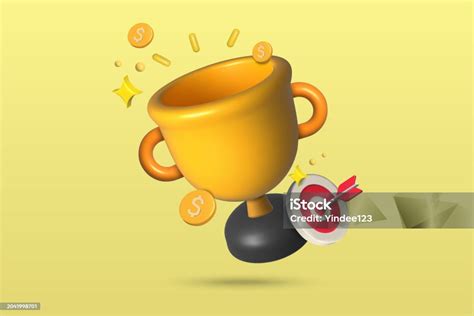 노란색 배경에 비즈니스 목표와 성공 개념 트로피 아이콘 3d 벡터 일러스트 레이 션 디자인 Championship에 대한 스톡 벡터 아트 및 기타 이미지 Istock