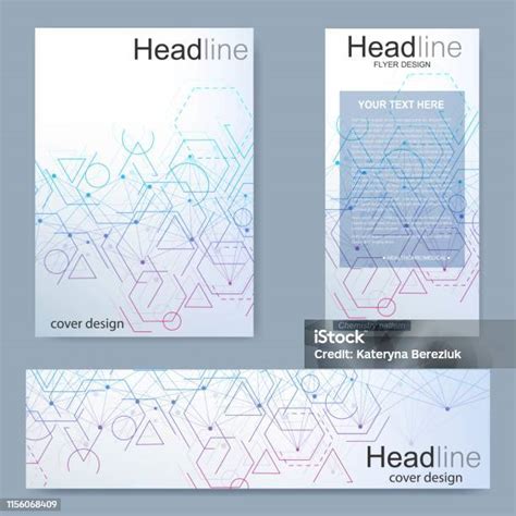 전단지 브로셔 크기 A4 템플릿 배너를 설정합니다 연결된 선과 점이 있는 분자 구조 잡지 전단지 표지 포스터 디자인을위한 요소와 과학 패턴 원자 Dna 0명에 대한 스톡