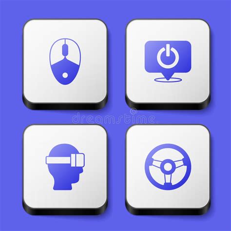 Set Computer Mouse Power Button Virtual Reality Glasses And Racing Simulator Icon White