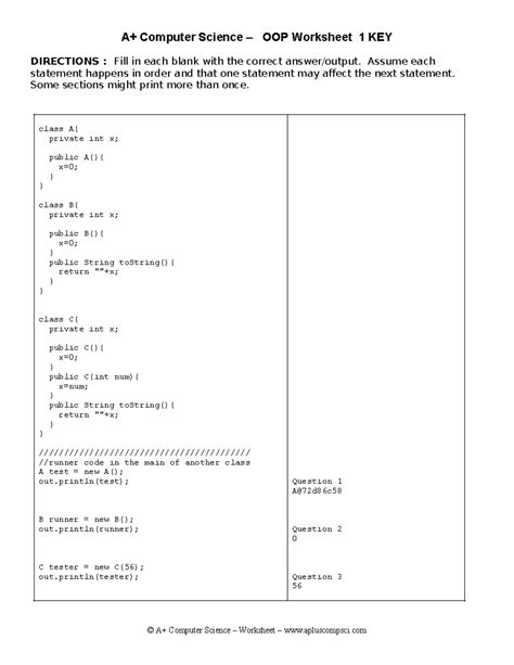 Moreoop Worksheet 1 Java Aplus Key A Computer Science Oop Worksheet 1 Key Directions Fill