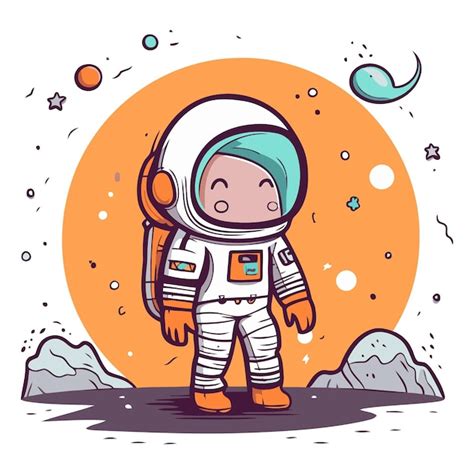 우주에서 귀여운 만화 우주인 손으로 그린 프리미엄 Ai 생성 벡터