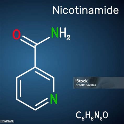 니코틴아미드 Nam C6h6n2o 분자 그것은 음식에서 발견 하는 비타민 B3 규정식 보충 교재로 사용 진한 파란색 배경의 구조 화학 식 Coq10에 대한 스톡 벡터 아트