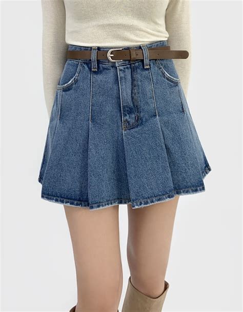브올 하이틴 데님 플리츠 미니 스커트 위시버킷