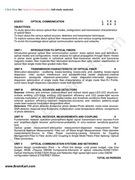 361 Ec8751 Optical Communication Anna University 2017 Regulation Syllabus Pdf Optical