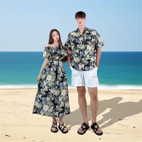 뉴감성 고퀄리티커플룩강추색감보장🌈 하와이안 꽃무늬 프릴 오프숄더 원피스 반팔 셔츠 남방 해변 바캉스 제주도 신혼여행 웨딩촬영 여름 휴양지 커플 시밀러룩
