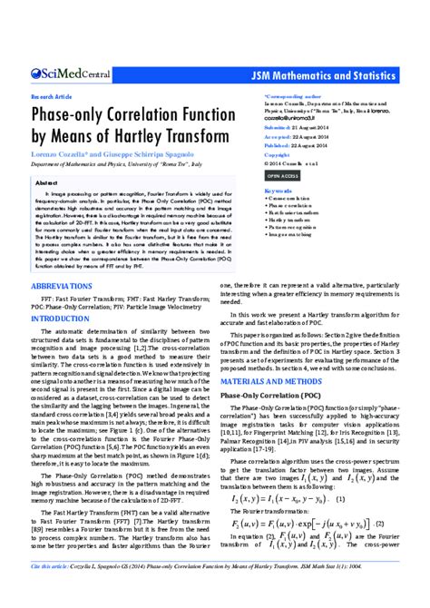 Pdf Phase Only Correlation Function By Means Of Hartley Transform