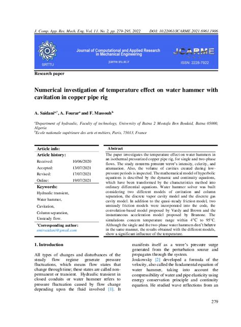 Pdf Numerical Investigation Of Temperature Effect On Water Hammer With Cavitation In Copper
