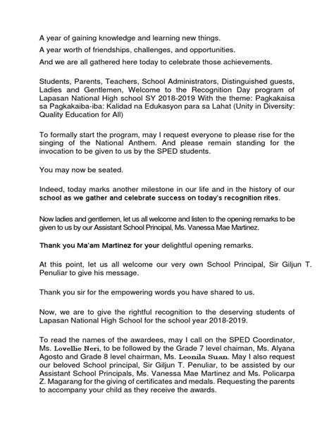 Lnhs Recognition Day Script Pdf