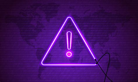 주의 위험 해킹 지도 보라색 배경에 네온 기호입니다 보안 보호 맬웨어 해킹 공격 데이터 침해 개념 시스템 해킹 오류 공격자 경고 신호 컴퓨터 바이러스 랜섬웨어 벡터 개념에