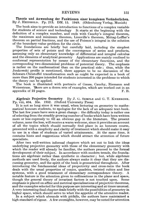 Algebraic Projective Geometry By J G Semple And G T Kneebone Pp Viii 404 35s 1952