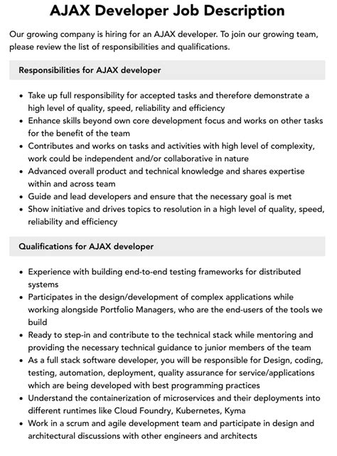 Ajax Developer Job Description Velvet Jobs