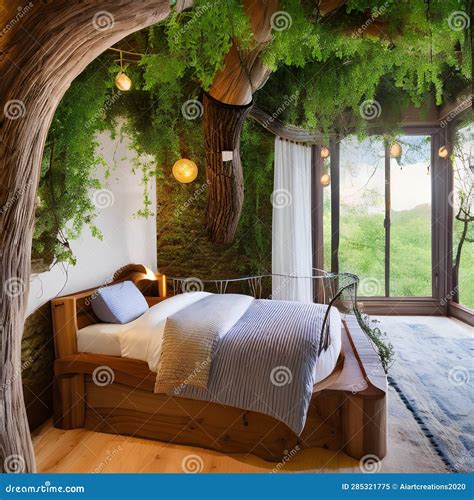 A Magical Treehouse Bedroom With A Spiral Staircase Fairy Lights And A Tree Trunk Bed Frame4