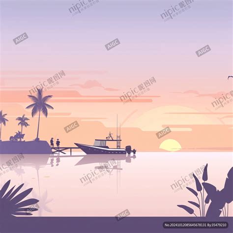 Ai创作图海上落日插画 钓鱼场景 日落夕阳插画 夕阳日出小船树木 海洋岛屿沙滩渔船风景 黄昏场景插画 看日出插画 海边风景插画 小船游人落日 日出风景插画 旅游广告大自然渔舟 大海夕阳渔船