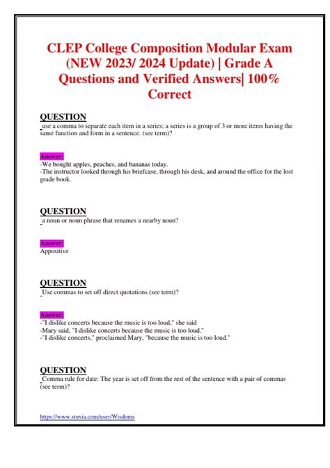 Clep College Composition Modular Exam New 2023 2024 Update Grade A Questions And Verified