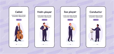 모바일 앱 화면 평면 템플릿 온 보딩 거리 음악가 다른 악기 캐릭터가있는 워크 스루 웹 사이트 단계 Ux Ui Gui 스마트 폰 카툰 인터페이스 케이스 프린트