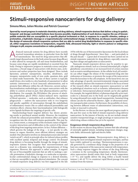 Pdf Stimuli Responsive Nanocarriers For Drug Delivery