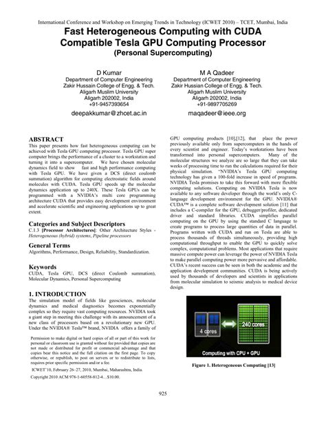 Pdf Fast Heterogeneous Computing With Cuda Compatible Tesla Gpu