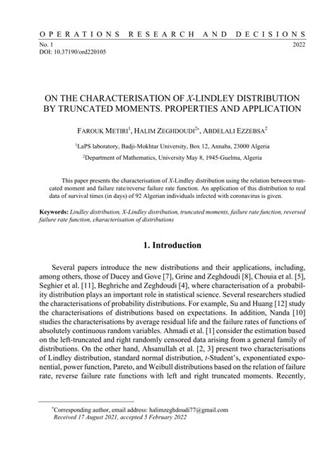 Pdf On The Characterisation Of X Lindley Distribution By Truncated Moments Properties And
