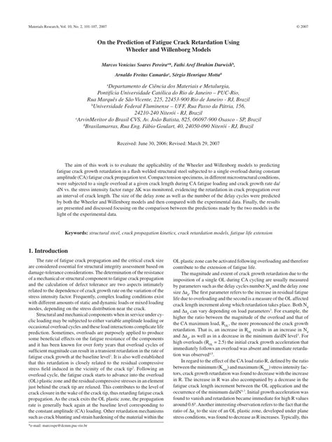 Pdf On The Prediction Of Fatigue Crack Retardation Using Wheeler And Willenborg Models