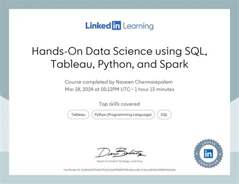 Completed Data Science Course With Sql Tableau Python And Spark