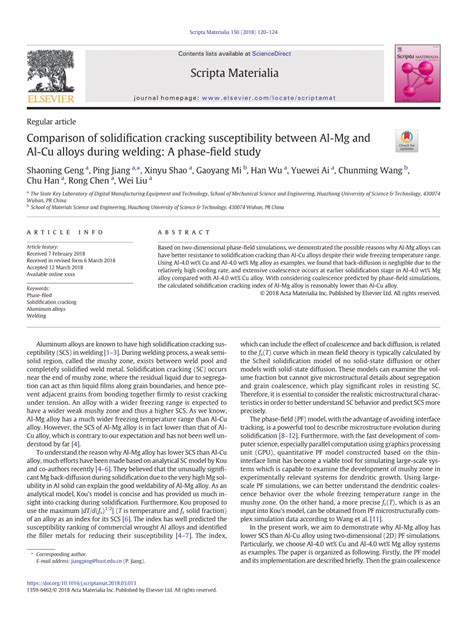 Pdf Comparison Of Solidification Cracking Susceptibility Between Al Mg And Al Cu Alloys During