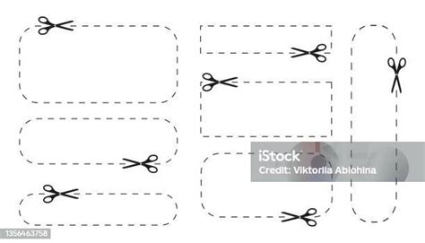 점선으로 모양을 절단 하는 가위 아이콘의 집합입니다 종이 할인 쿠폰 바우처 프로모션 코드에 대한 여기에 그림 가위에 대한 스톡