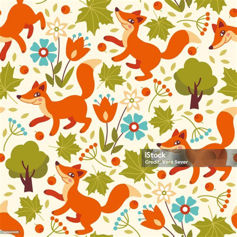 플랫 스타일의 귀여운 만화 여우와 화려한 이음매 없는 패턴 직물 옷 배경 직물 벽지에 대한 끝없는 질감 여우 삼림 지대 숲 꽃이