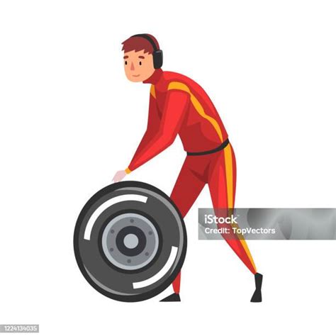 피트 스톱 승무원 타이어 휠변경 레이싱 카 유지 보수 빨간 유니폼과 이어폰 벡터 일러스트레이트전문 정비사 만화 캐릭터 교통수단에 대한 스톡 벡터 아트 및 기타 이미지