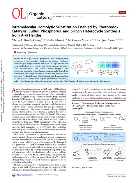 Pdf Intramolecular Homolytic Substitution Enabled By Photoredox Catalysis Sulfur Phosphorus