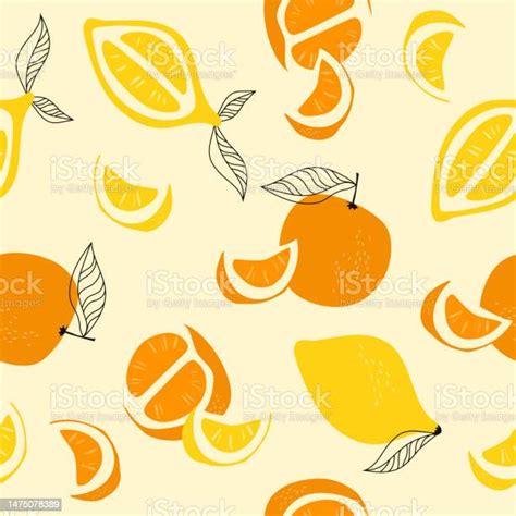 오렌지와 레몬으로 손으로 그린 매끄러운 패턴 크림 배경에 감귤류 과일 부계 감귤류 과일에 대한 스톡 벡터 아트 및 기타 이미지