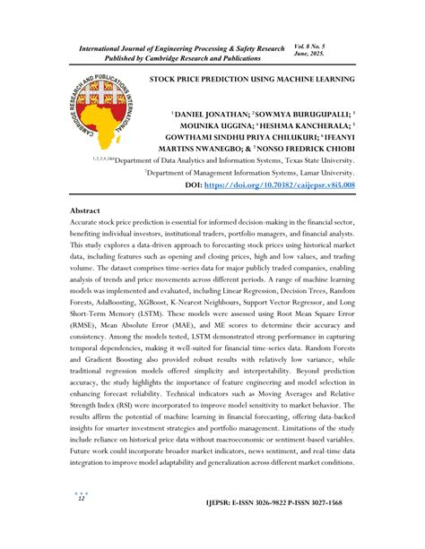 Pdf Stock Price Prediction Using Machine Learning
